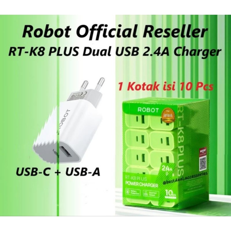 Jual Adaptor Charger ROBOT K8 Plus Dual Output USB-A + USB Type C Batok Charger isi 10pcs ...