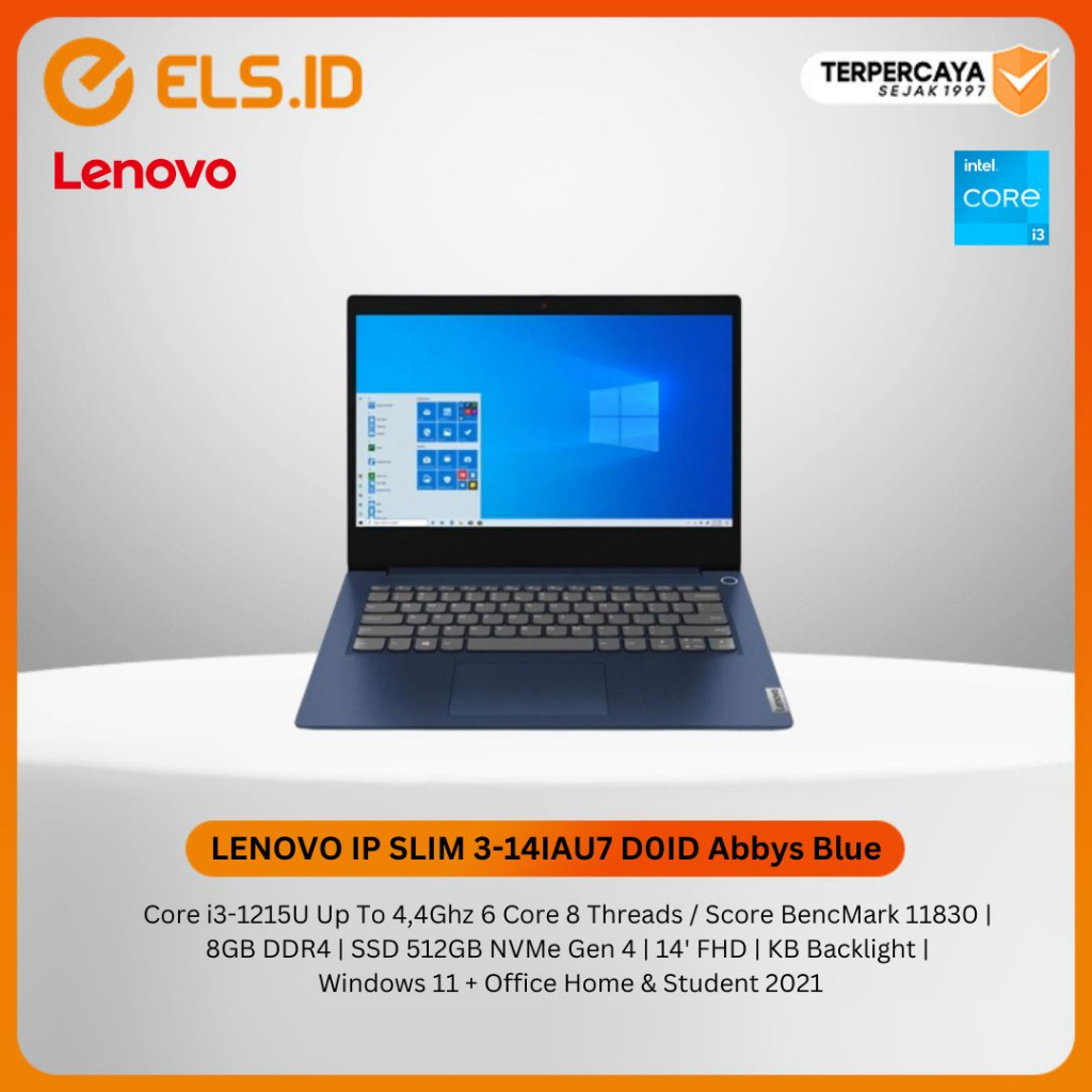 Jual Lenovo IP SLIM 3-14IAU7 D0ID Abbys Blue [ i3-1215U - DDR4 8GB- SSD 512GB ] | Shopee Indonesia