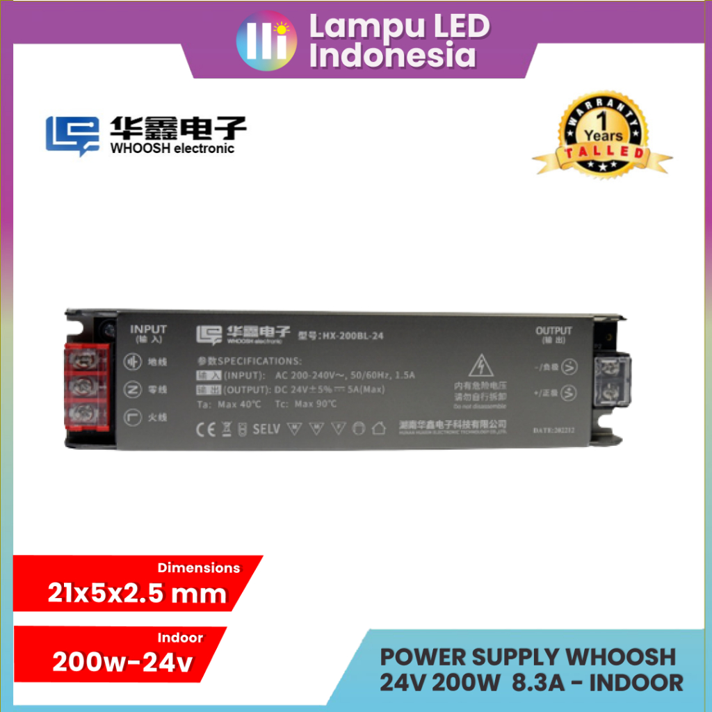 Jual POWER SUPPLY INDOOR WHOOSH 24V 200W 8,3A LED LIGHT BOX SLIM ...