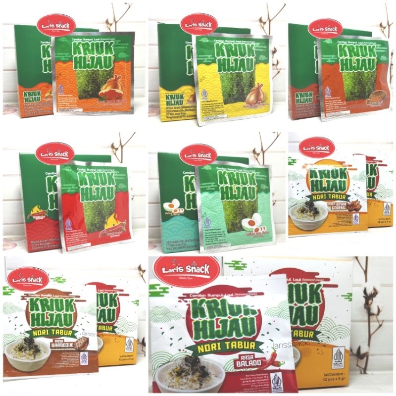 Jual Cemilan Rumput Laut Kriuk Hijau Nori Goreng Aneka Rasa Box (Isi 12 ...