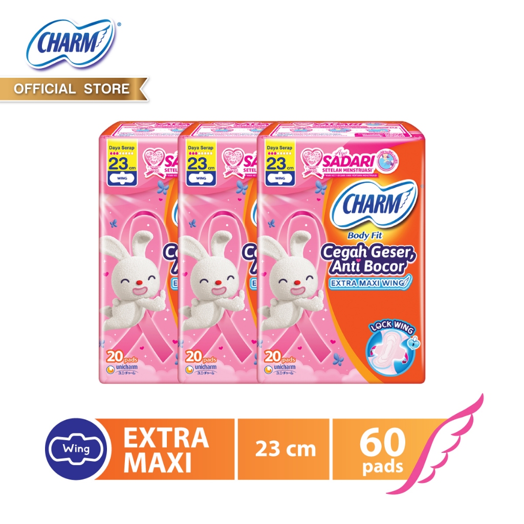 Jual Charm Pembalut Body Fit Extra Maxi 23cm Wing 20 pads - 3 Packs ...