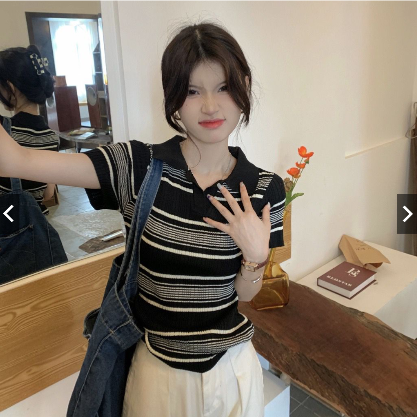 Jual AIS - Kaos Salur Aurora / Atasan Korean Kerah Rajut Salur Lengan Pendek [Maks, BB 60 Kg ...