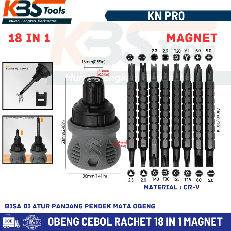 Jual Obeng Cebol Rachet Set 18 in 1 Magnet KN - Obeng Stubby Ratchet ...