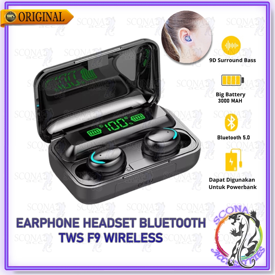 Jual HEADSET BLUETOOTH TWS F9 V5.1 + POWERBANK LED TRUE WIRELESS ...