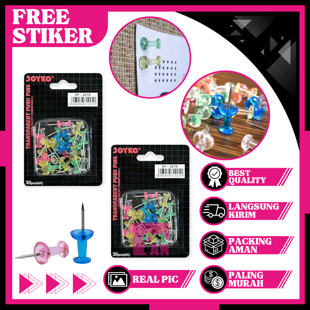 Jual 1PAK Push Pin Joyko Jarum Tekan Paku PP-30TR Paku Mading Warna ...