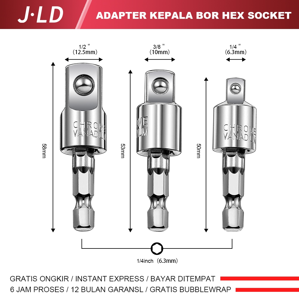 Jual JLD 3pcs Adapter Kepala Bor Hex Socket 1/2,3/8,1/4inch 360 Degree Rotating Sleeve ...