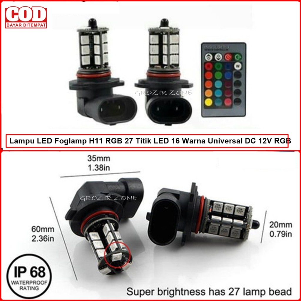 Jual Fog Lamp LED Mobil H11 RGB 27 Titik LED RGB 16 Warna 5050 SMD DC ...