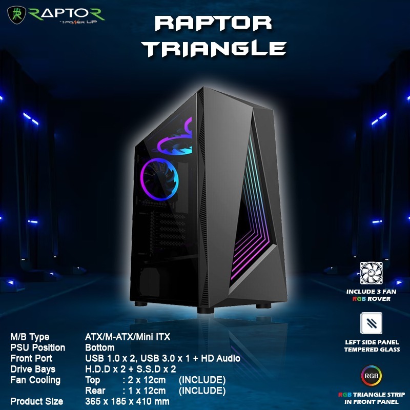 Jual Case PC Komputer Power Up Raptor Triangle Casing Standart ATX ...