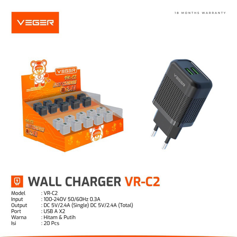 Jual Charger VEGER VR-C2 fast charging 2.4A 2output ORIGINAL GARANSI ...