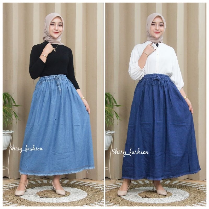 Jual Rok Jeans Jumbo Polos Bawah Rawis Tali Aktif // Rok Jeans Jumbo ...