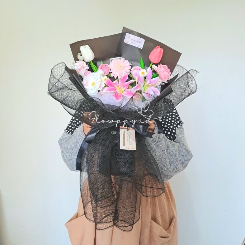 Jual Buket Bunga Artificial Tulip mix Lily Rose Glitter Polynet Size M ...