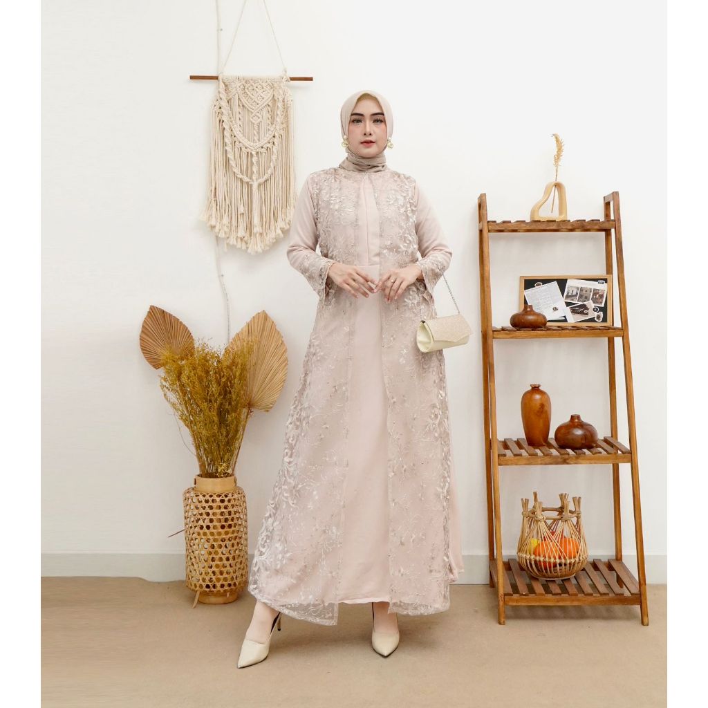 Jual (S,M,L,XL,XXL) Gamis Hena Busui Tile Bordir Mutiara Maxi Dress Lebaran Brukat Tulle Baju ...