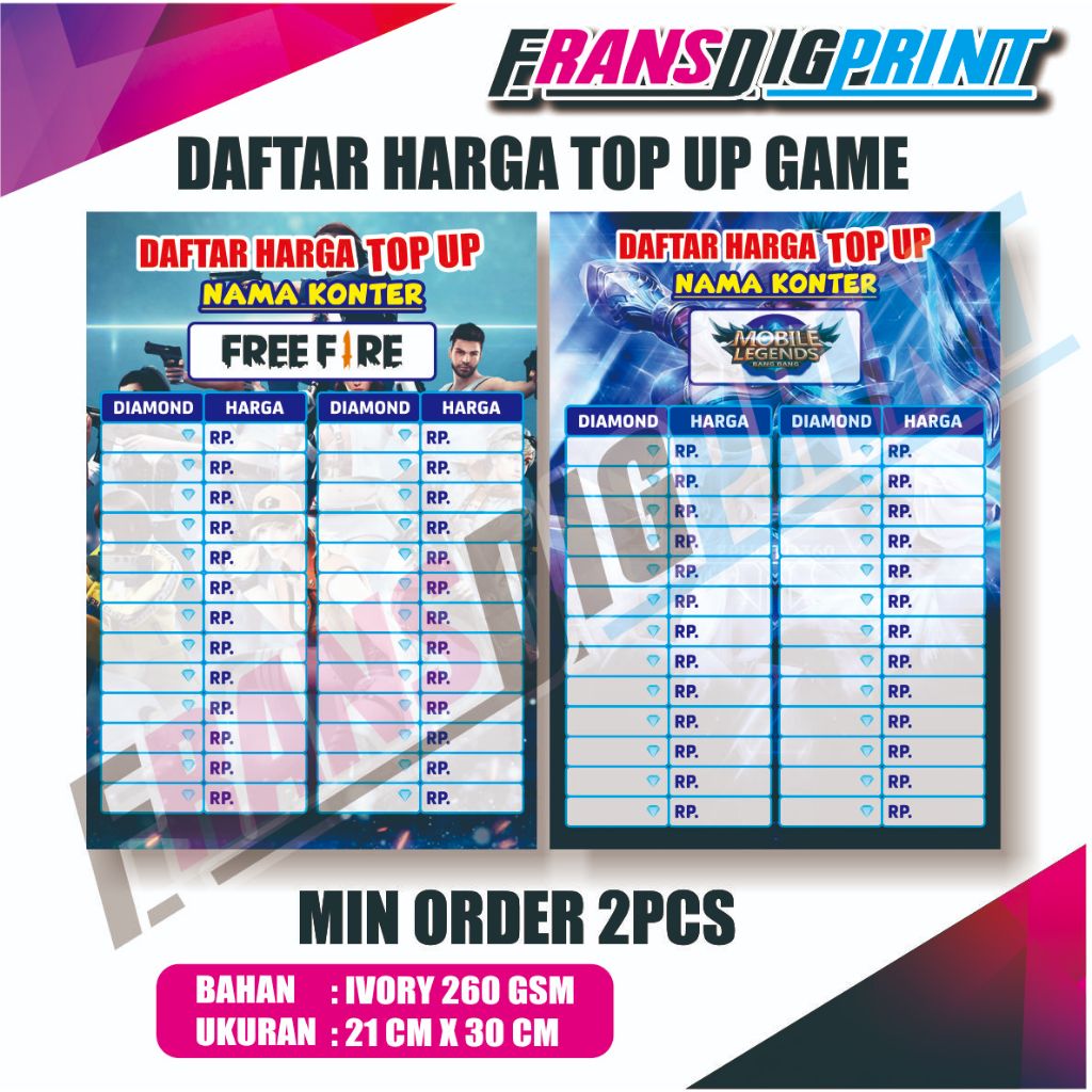 Jual DAFTAR HARGA TOP UP GAME , DAFTAR HARGA TOP UP , POSTER TOP UP ...