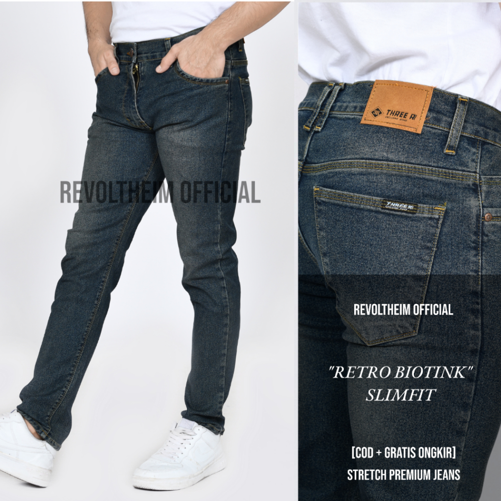 Jual Celana Jeans Pria Slim Fit Panjang Stretch Biru Tua Blue Retro ...