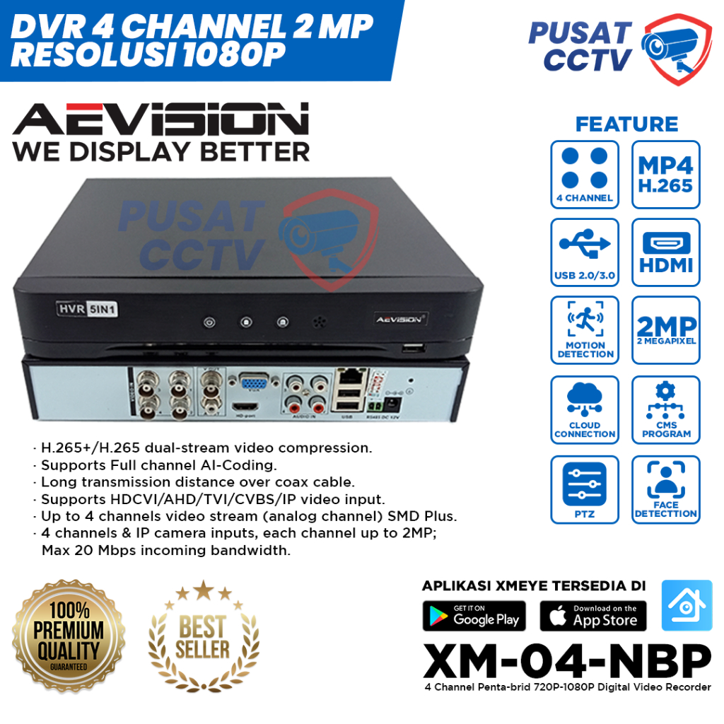 Jual DVR 4CH CCTV Aevision, 2MP Full HD Support Cam AHD TVI IP CVI ...