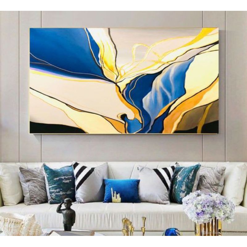 Jual lukisan abstrak modern art blue gold painting | Shopee Indonesia