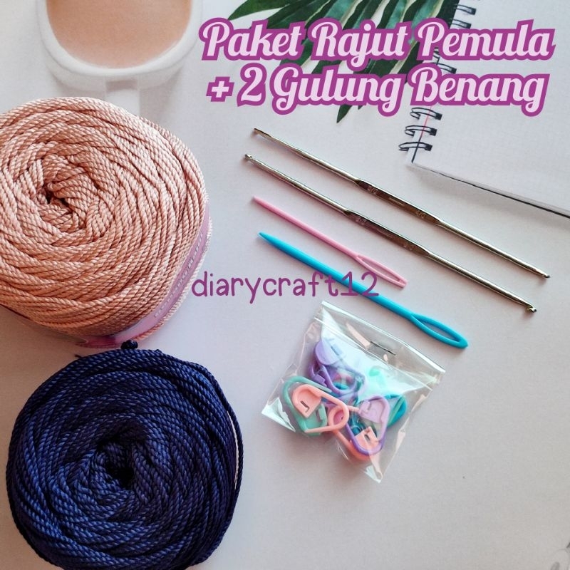Jual Paket Rajut Pemula + 2 Gulung Benang Poly Kilap - Starter Kit ...