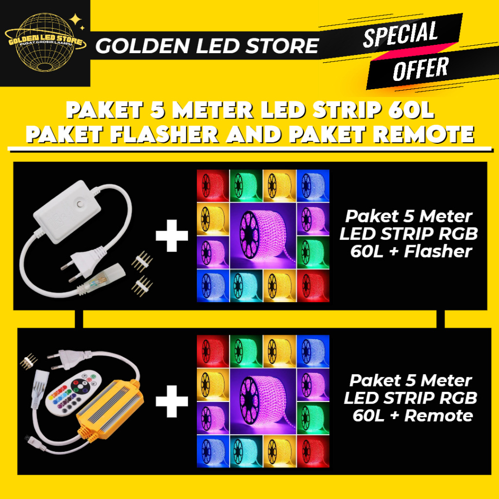 Jual PAKET 5M LAMPU LED STRIP RGB 60L PLUS FLASHER AND 60L PLUS REMOTE ...