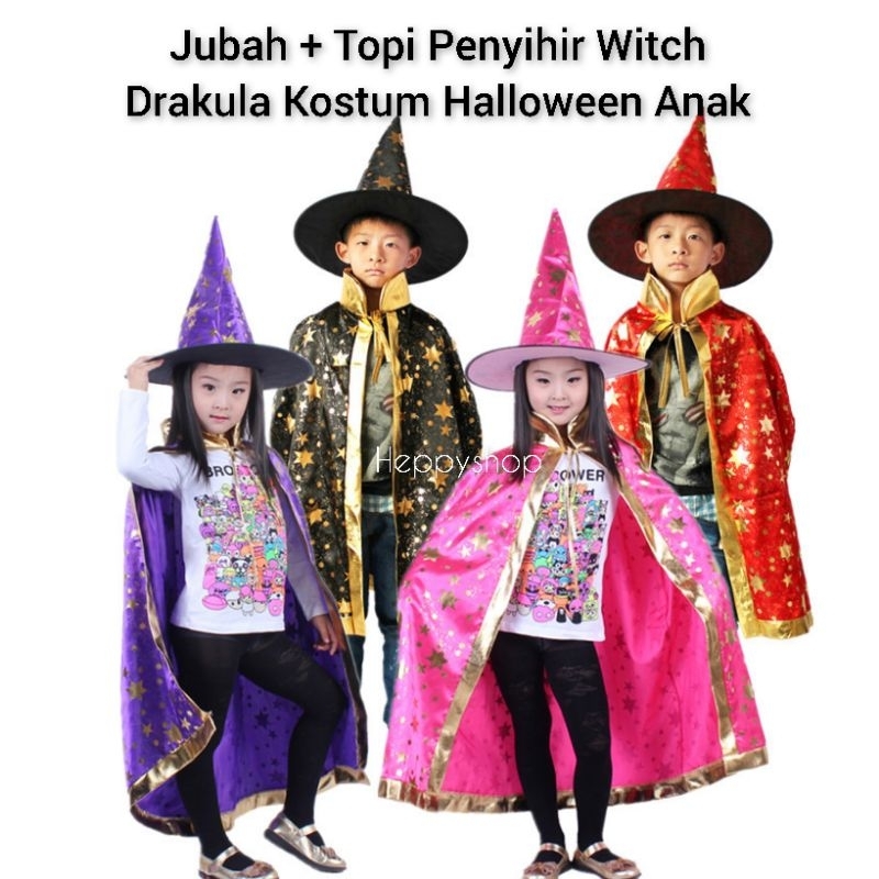 Jual Jubah + Topi Penyihir Witch Drakula Kostum Halloween Anak | Shopee ...
