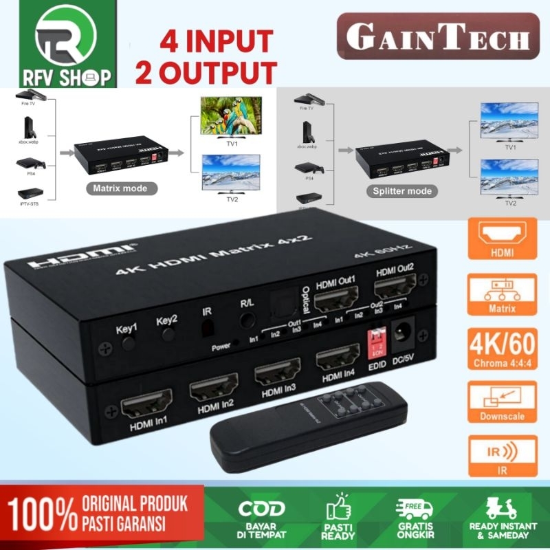 Jual GAINTECH HDMI Switcher & Splitter Matrix 4x2 4 in to 2 out 4K ...