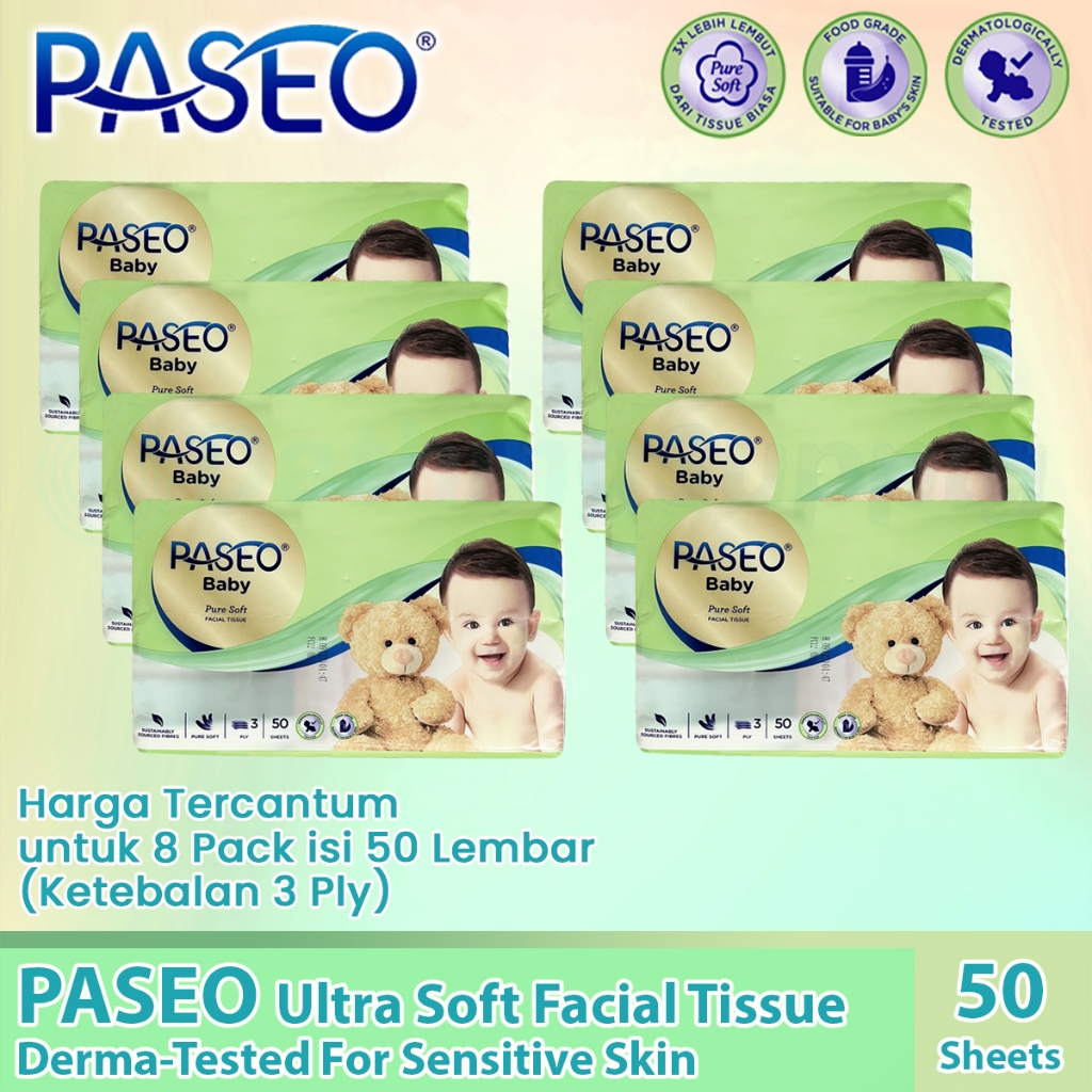 Jual ( PAKET 8 PACK ) Tissue Paseo Baby Pure Soft 50 Sheet - 3 Ply ...