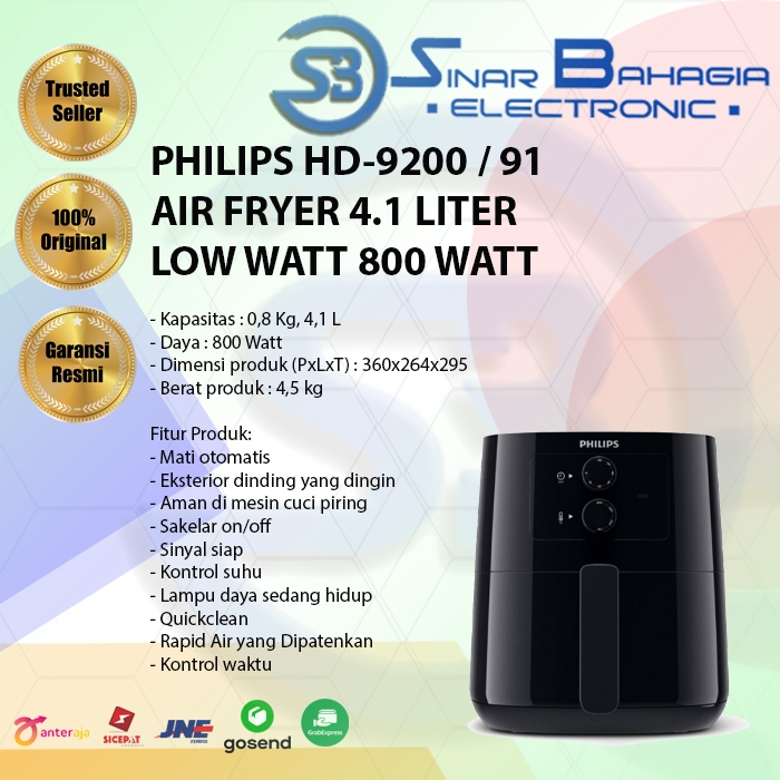 Jual PHILIPS HD-9200 / 91 AIR FRYER 4.1 LITER LOW WATT 800 WATT (NEW) (KHUSUS BANDUNG) | Shopee ...