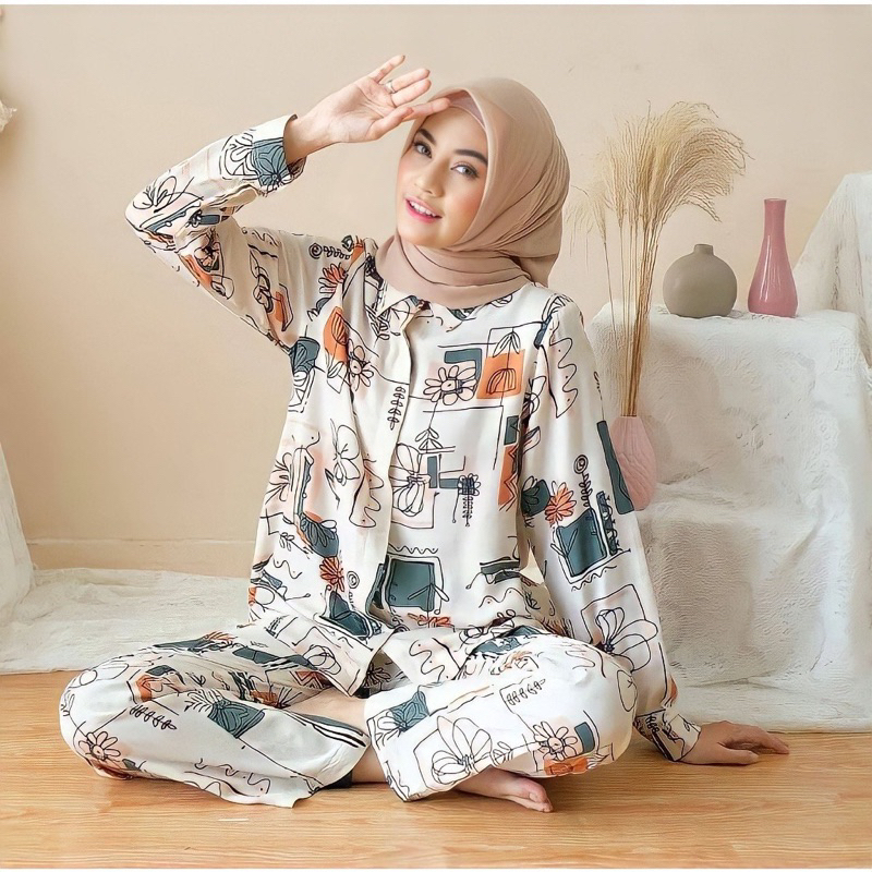 Jual Pajamas Wanita Lengan Panjang Motif Kekinian/Piyama Wanita/One Set Lengan Panjang/Pajamas ...