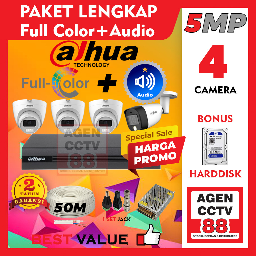 Jual Paket cctv DAHUA Full Color Colorvu AUDIO 4 Channel Kamera 4CH 5MP ...