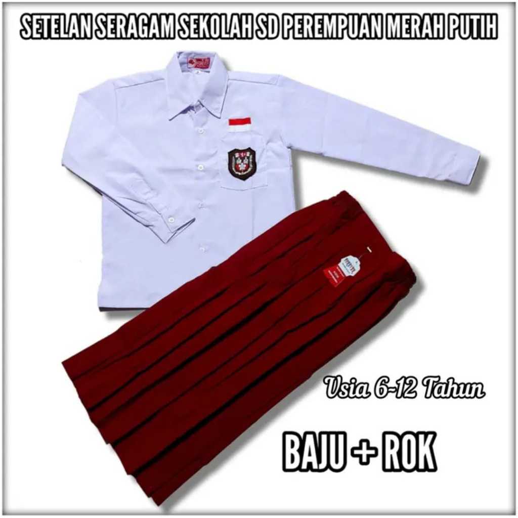 Jual Setelan Seragam Sekolah SD Perempuan Merah Putih Baju Putih Lengan Panjang Rok Merah ...