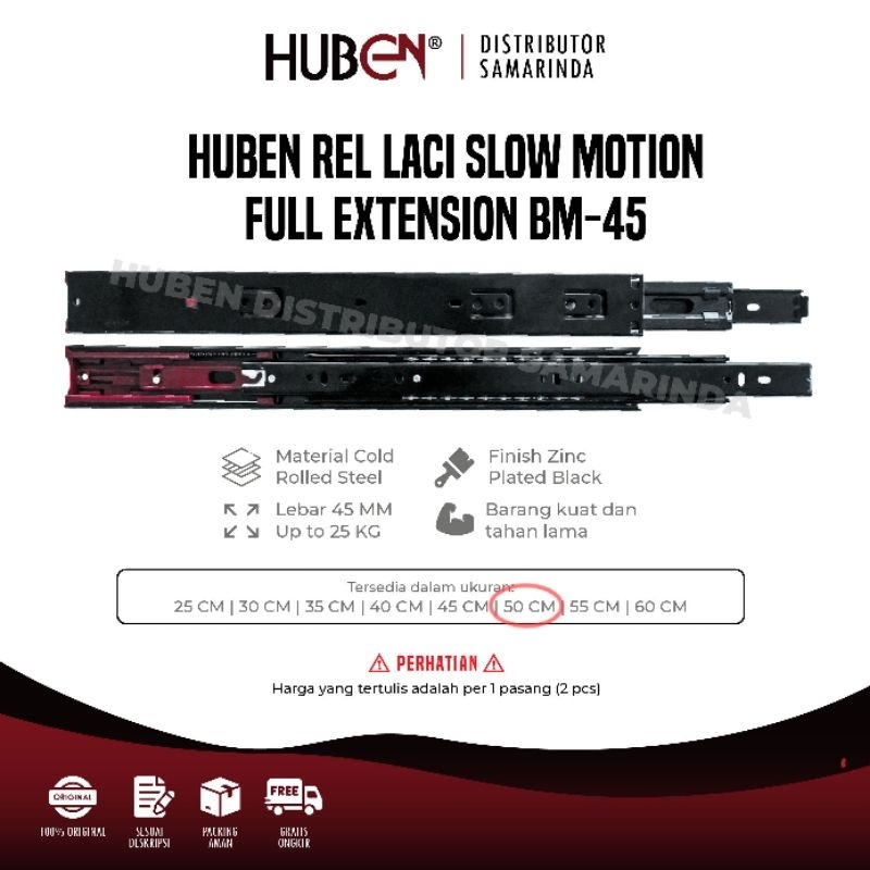 Jual (ISI 2) HUBEN BM-45 Rel Laci Slow Motion Full Extension Hitam 50 ...