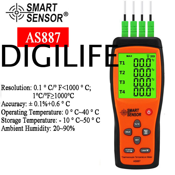 Jual Thermocouple 4 Channel Smart Sensor AS887 K Type Thermometer AS ...