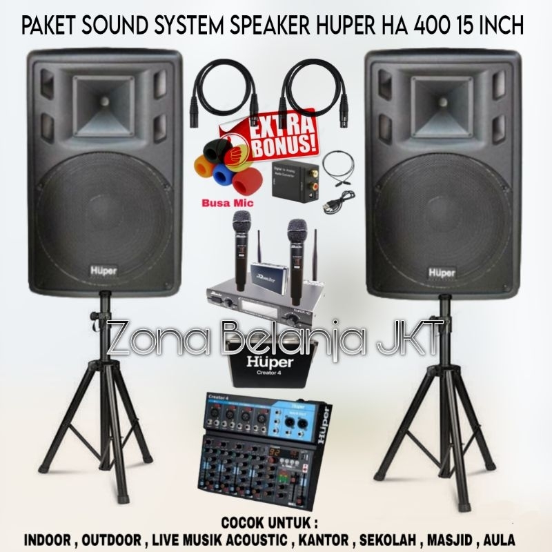 Jual PAKET SOUND SYSTEM INDOOR OUTDOOR SPEAKER HUPER HA 400 15 INCH AKTIF MIXER HUPER USB ...