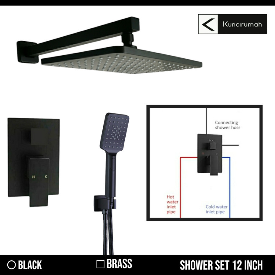 Jual Wall shower set 12 inci hitam kran tanam 4 lubang black panas ...