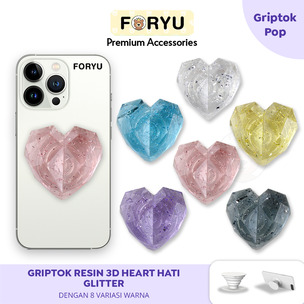 Jual Foryu Griptok Akrilik 3D Resin Phone Holder Transparan Diamond Hati Glitter Phone Stand HP ...