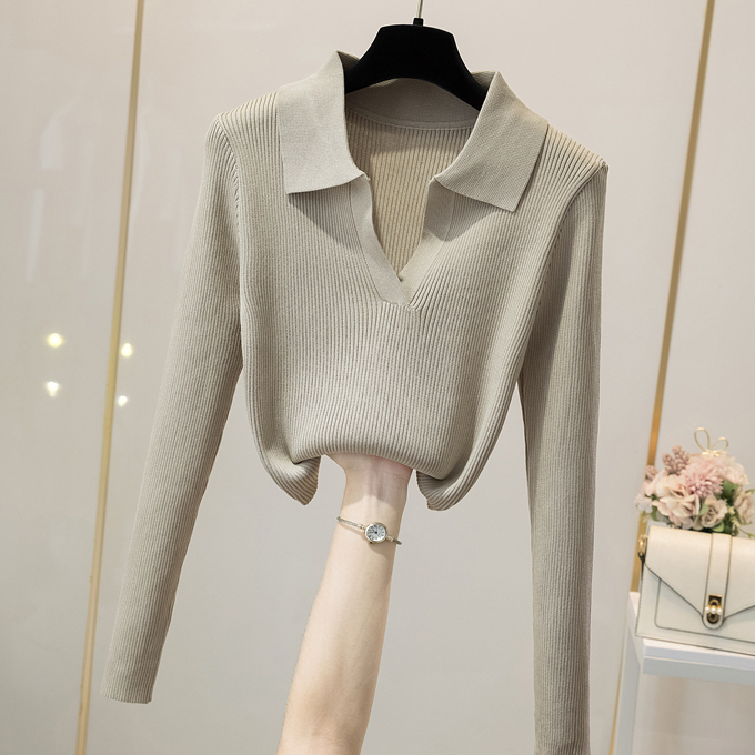 Jual Po floret Sweater rajutan pendek wanita keren yang manis Kaos slim fit kerah polo kemeja ...