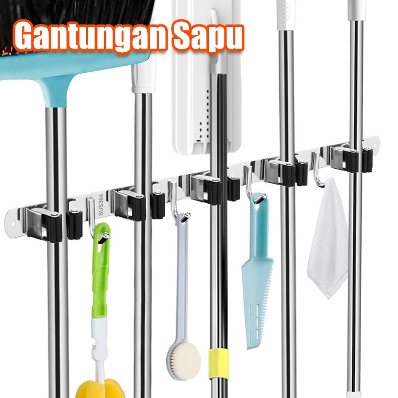 Jual Wall Hook Gantungan Sapu Alat Pel Dengan Hook / 6 Kait 5 Penjepit ...