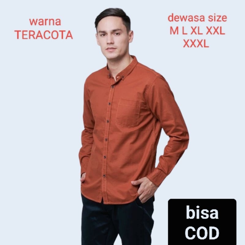 Jual kemeja pria polos warna teracota/merah bata lengan panjang pendek ...