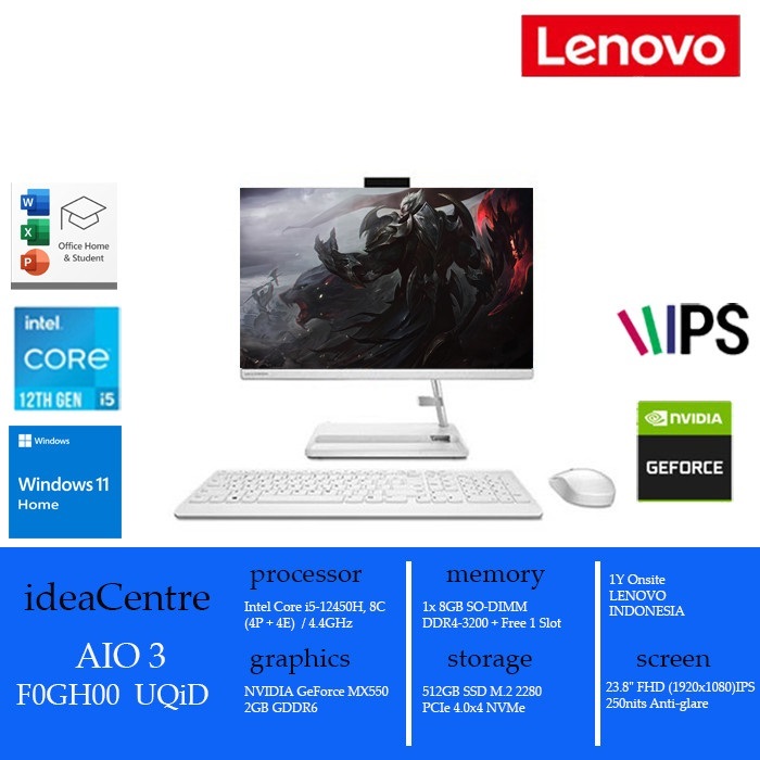 Jual PC Lenovo AIO 3 24IAP7 0PID Core i5 12450H 8G SSD 512G MX550 2G ...