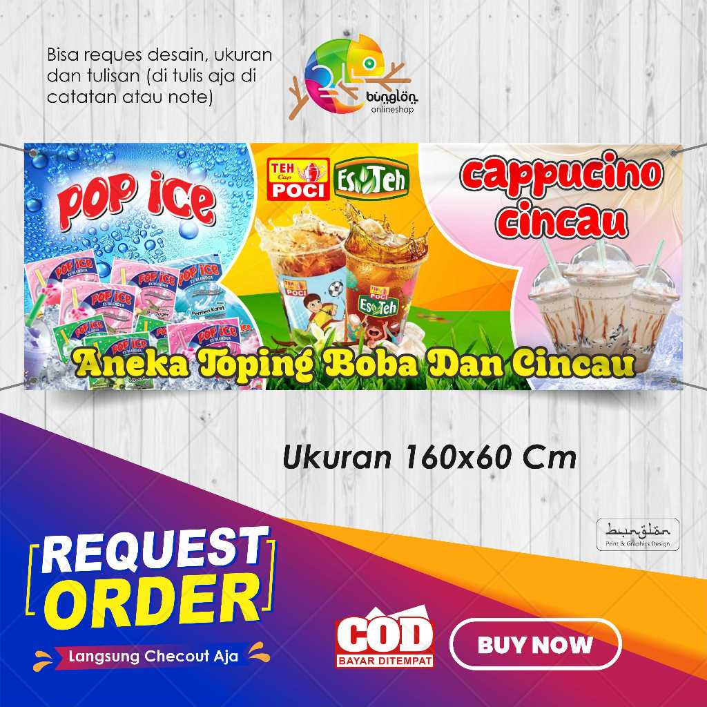 Jual Size 160x60 Spanduk Banner Pop Ice Teh poci Cappucino Cincau ...