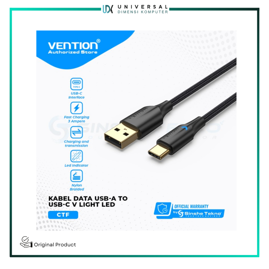 Jual VENTION USB DATA CABLE USB A To TYPE C V-LIGHT LED SERES PVC BLACK ...