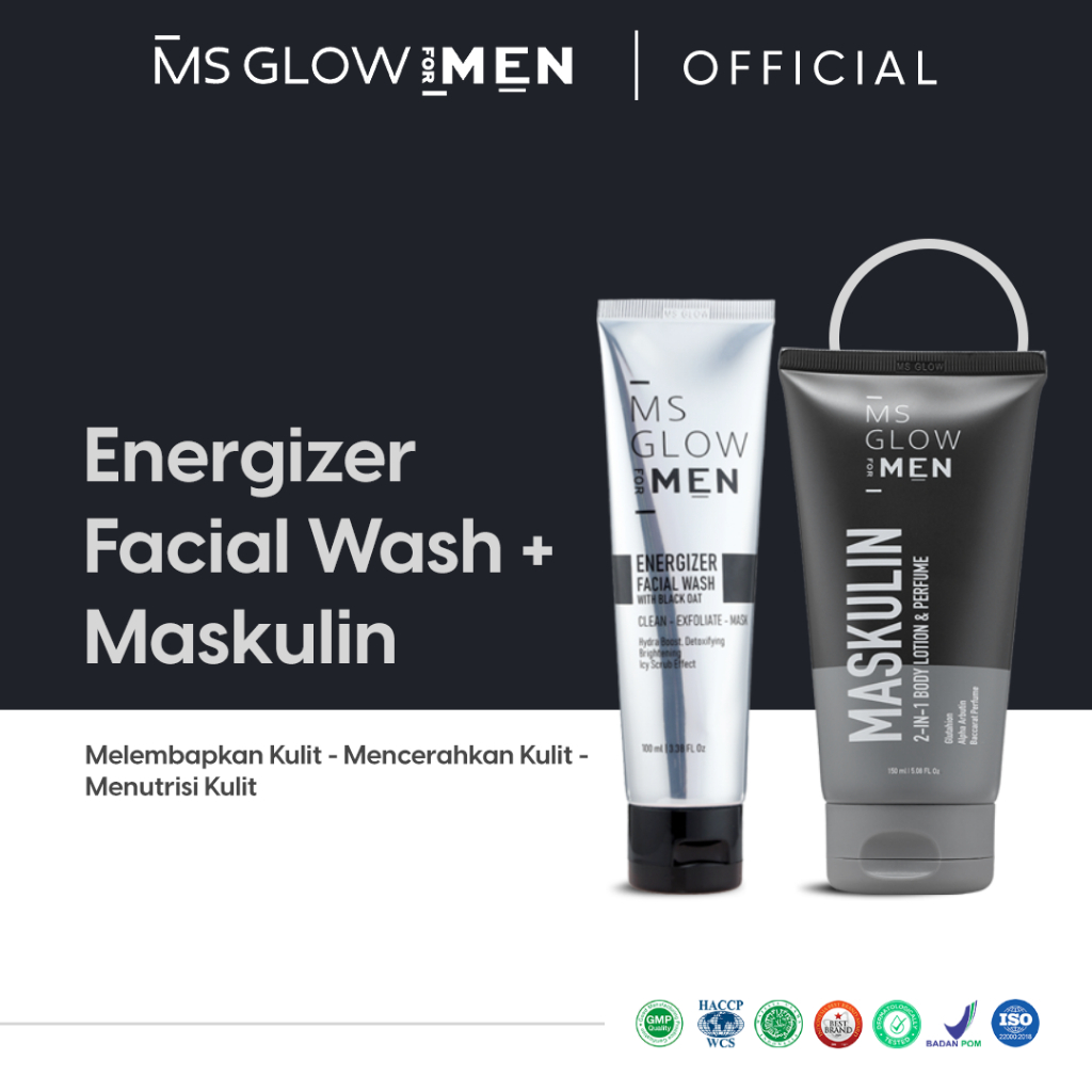 Jual MS GLOW FOR MEN PAKET ENERGIZER FACIAL WASH 100 ML + MASKULIN 150 ...