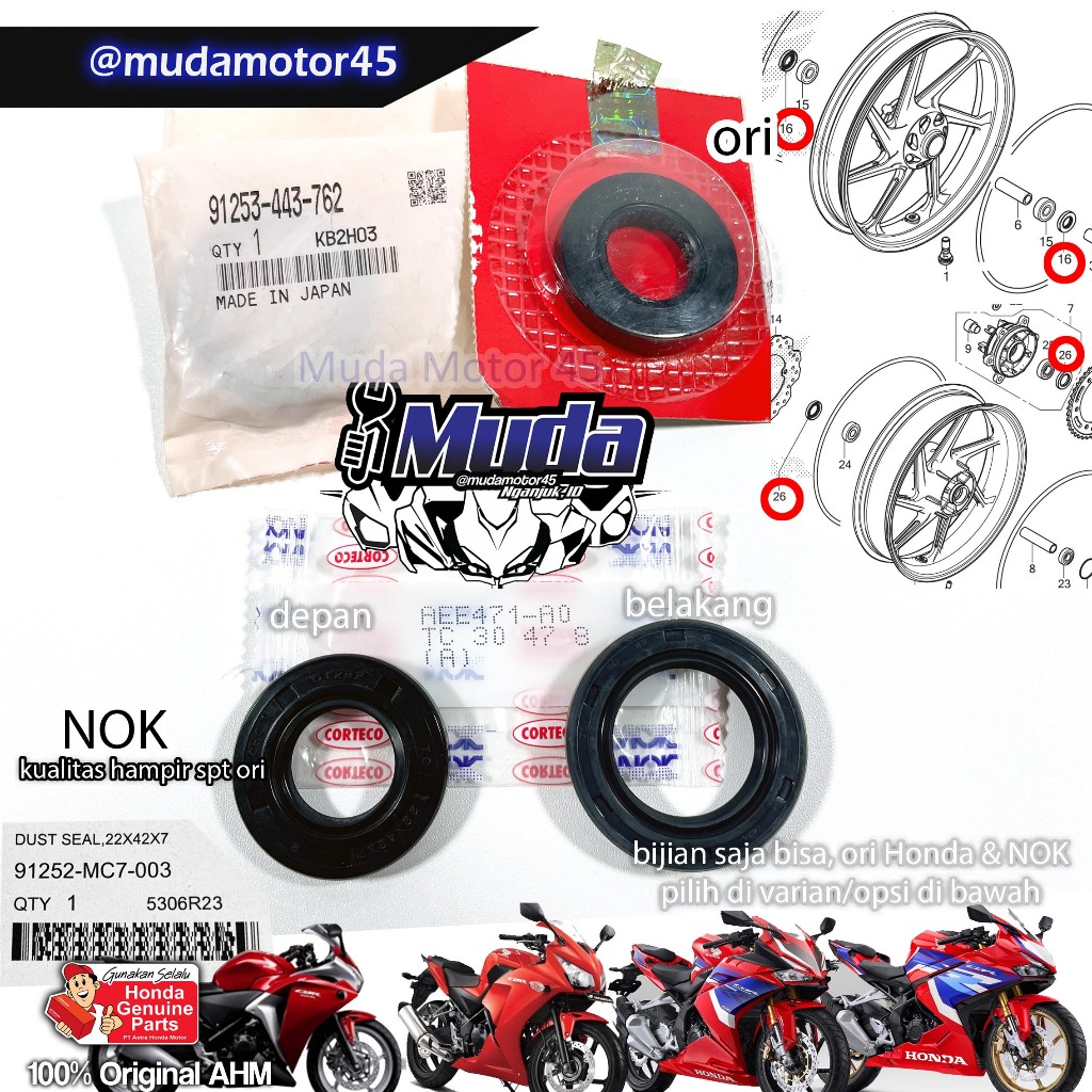 Jual SEAL RODA DEPAN OR BELAKANG CBR250R CBR250RR 91253-443-762-761 ...