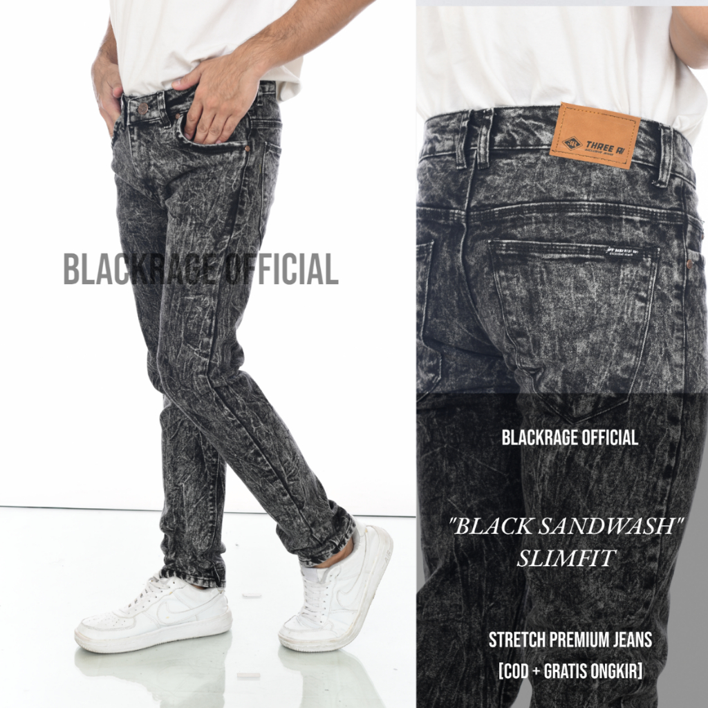 Jual Celana Jeans Pria Slim Fit Stretch Melar Hitam Snow Black Sandwash ...