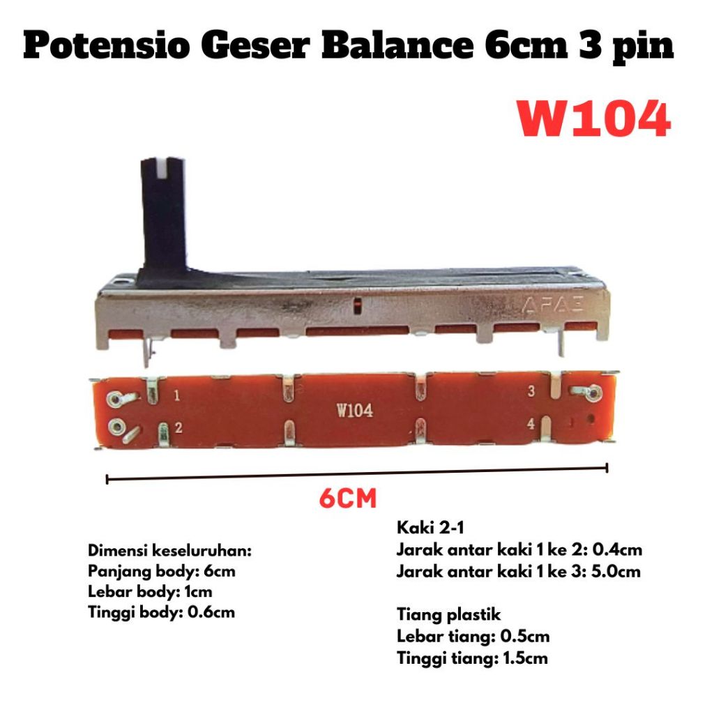 Jual Potensio Geser Balance 6cm 3 pin W100K Mono Kaki 2-1 Slide 6 cm ...
