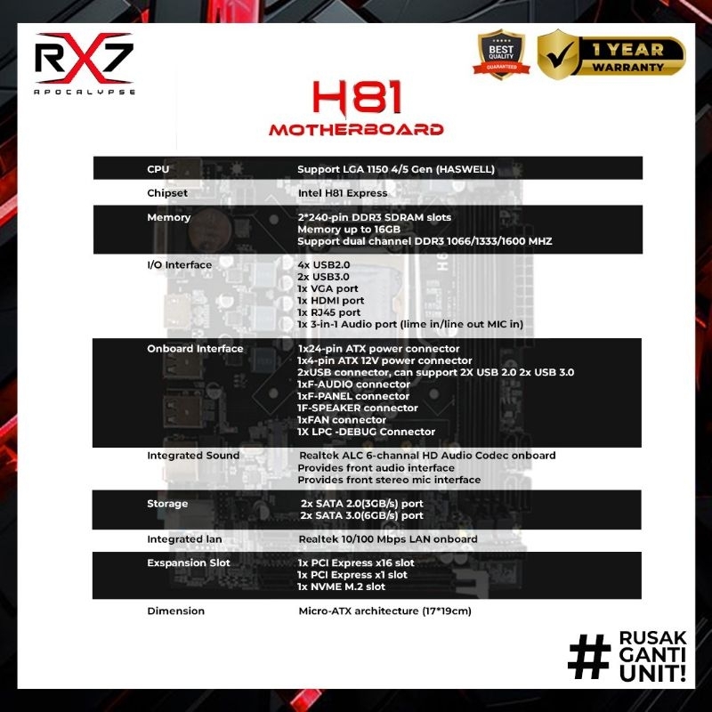 Jual MOTHERBOARD RX7 H81 LGA 1150 DDR3 MAINBOARD H81 SUPPORT NVME ...