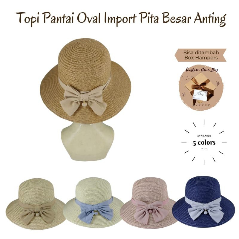 Jual Topi Pantai Import Pita Besar Woman Straw Hat Big Ribbon Pita Anting | Shopee Indonesia