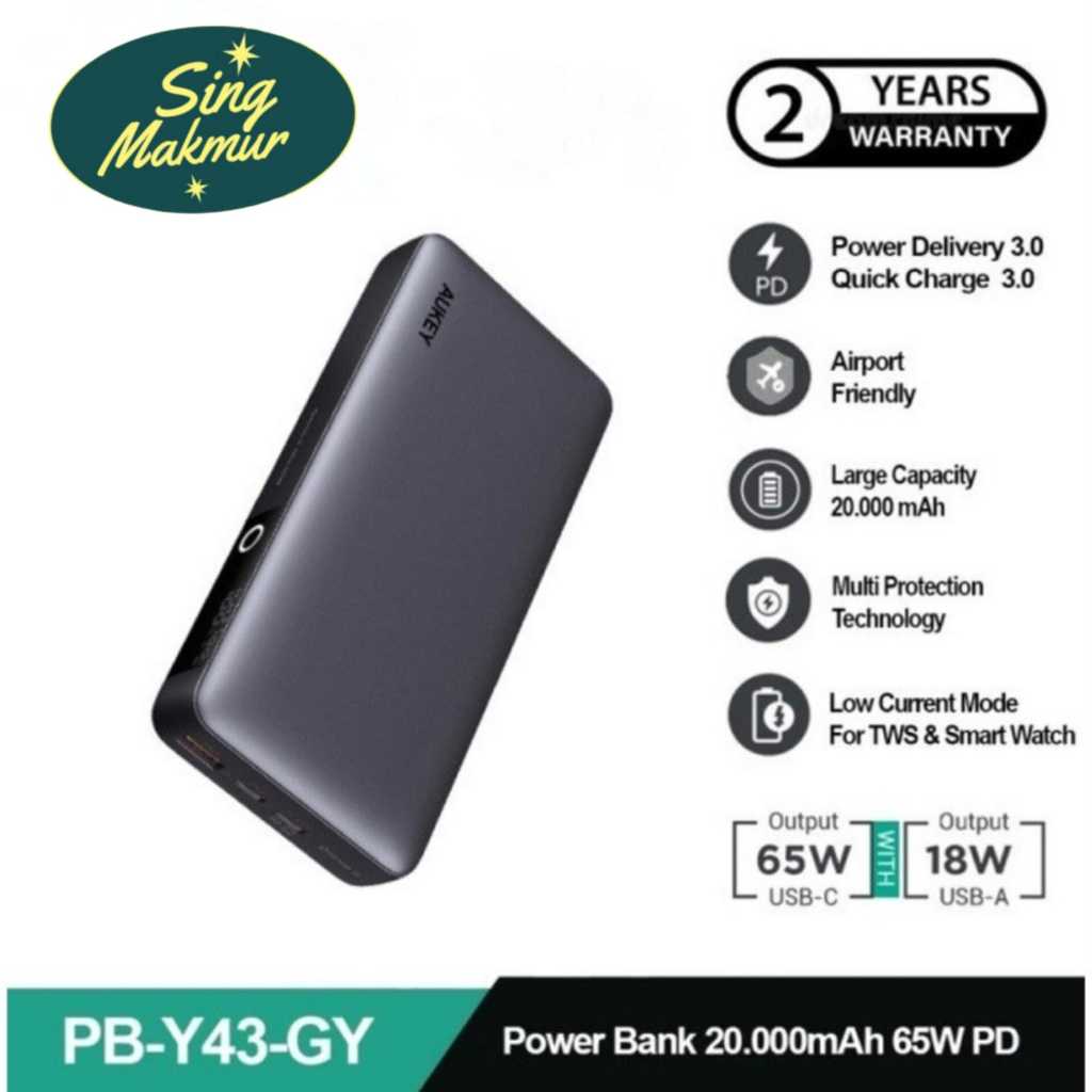 Jual AUKEY Power bank Laptop / smartphone 20000mah PB-Y43-GY USB C 65W PD 3.0 Slim | Shopee ...