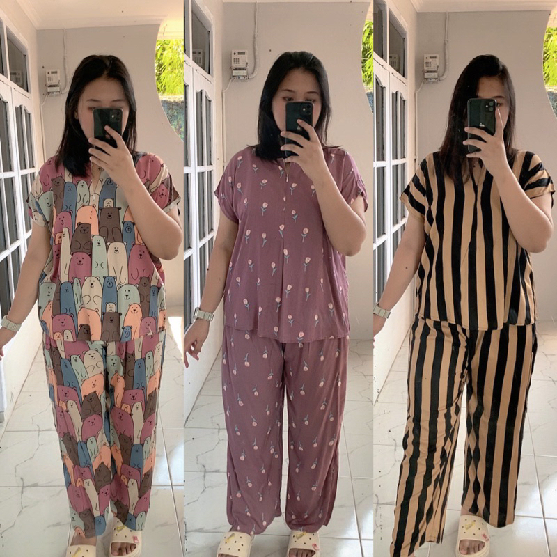 Jual one set setelan rayon jumbo | Pajamas rayon premium | Baju setelan ...