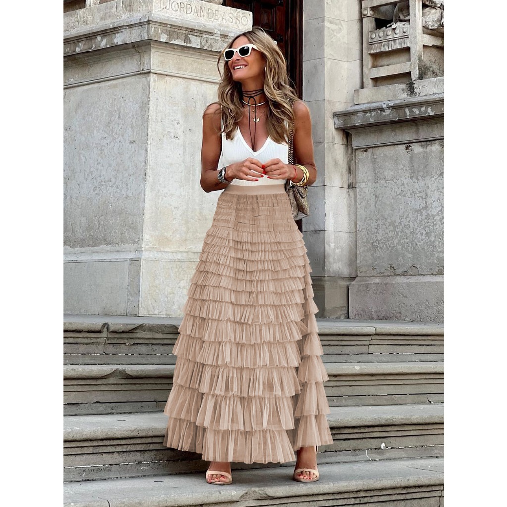 Jual Rok Jaring Elegan Wanita Rok Panjang Bengkak Pinggang Tinggi Warna ...