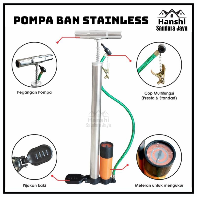 Jual Pompa Ban Motor Sepeda Tabung Meteran Multifungsi Stainless Steel ...
